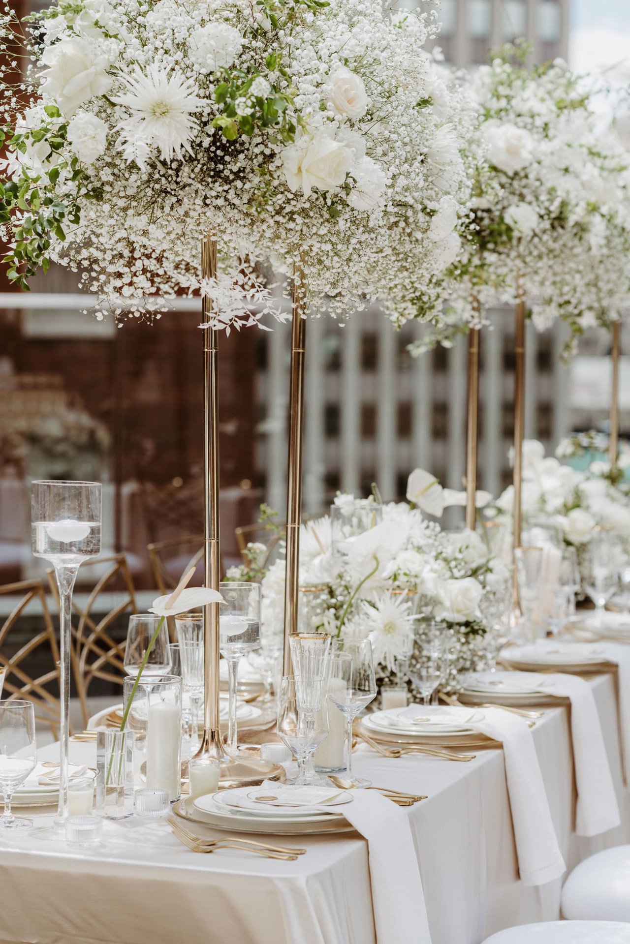 Tall Gold Stand with White Flowers