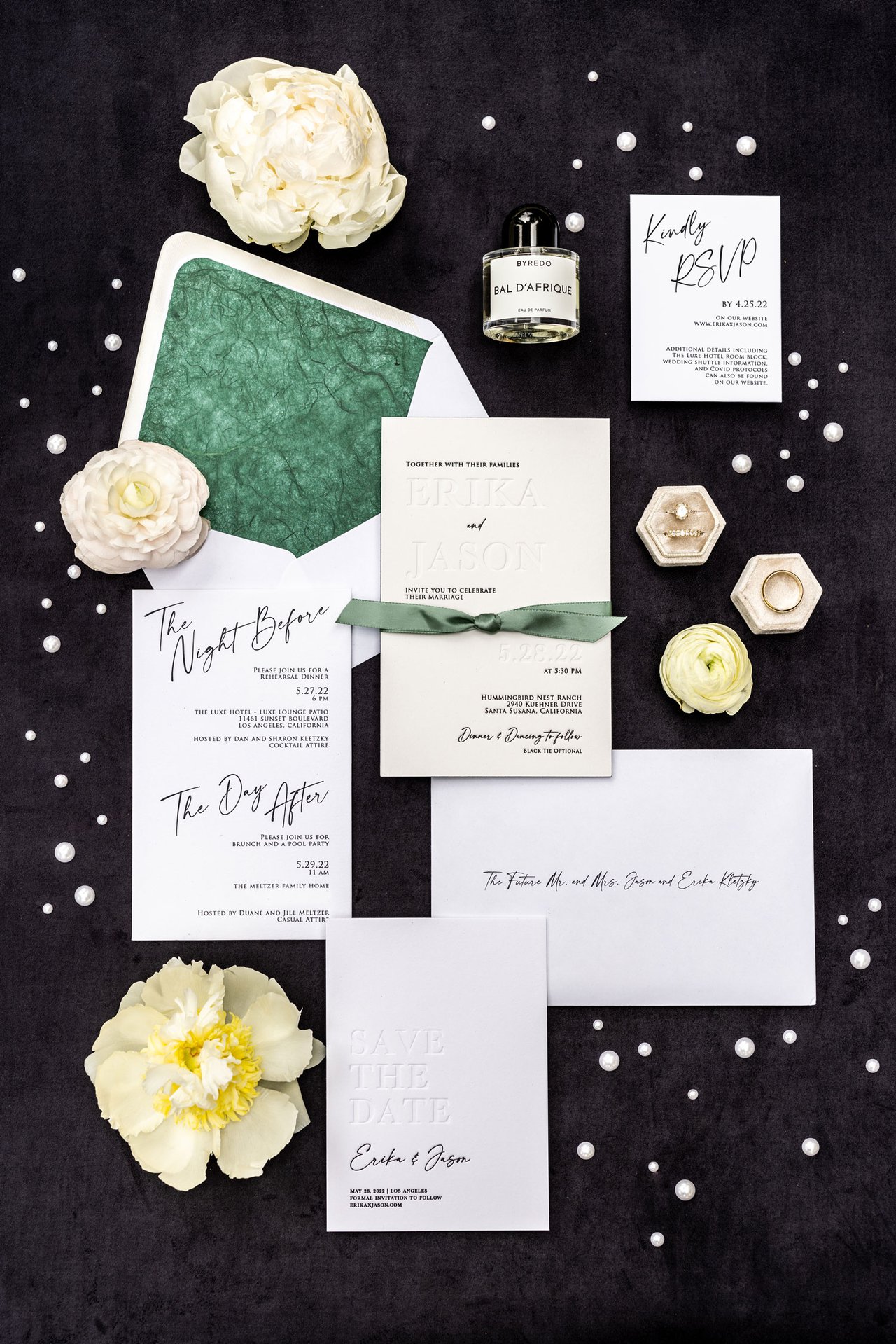White, Black & Green Invitation Suite