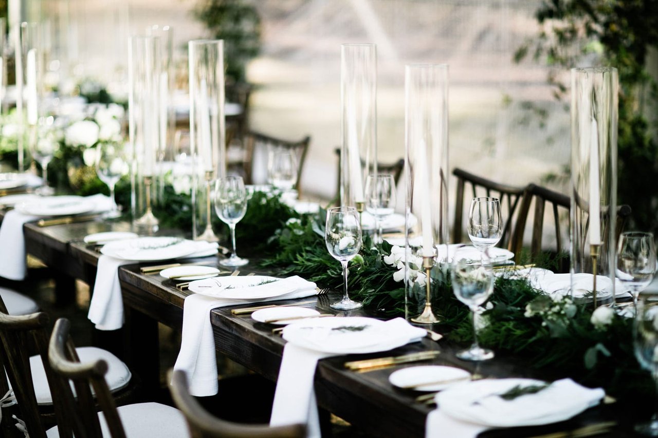 Wood Reception Table with Greenery Runner