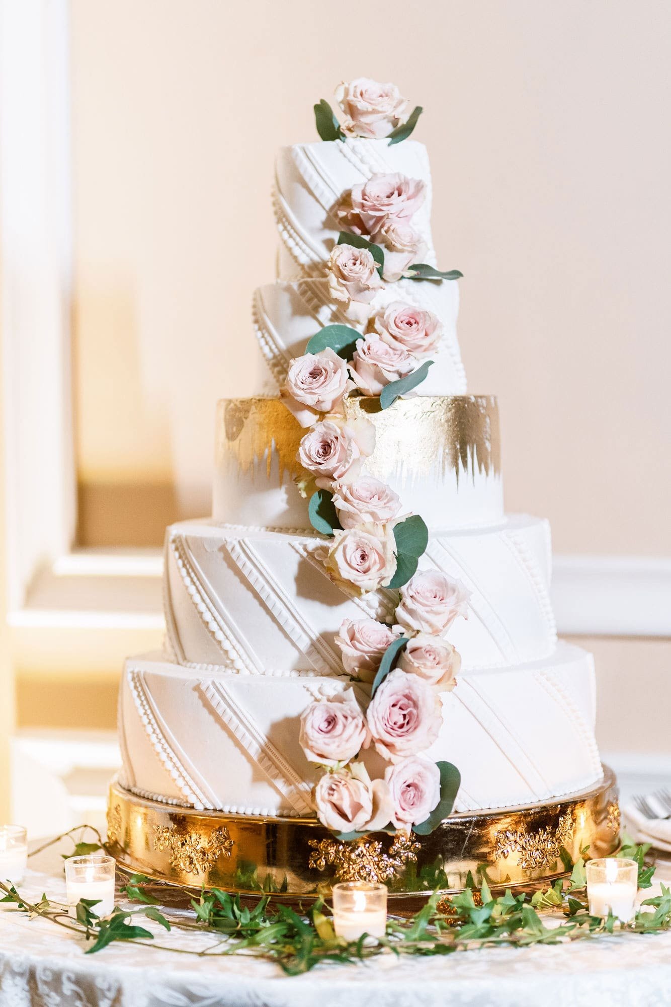 Tall White & Gold Cake with Flowers