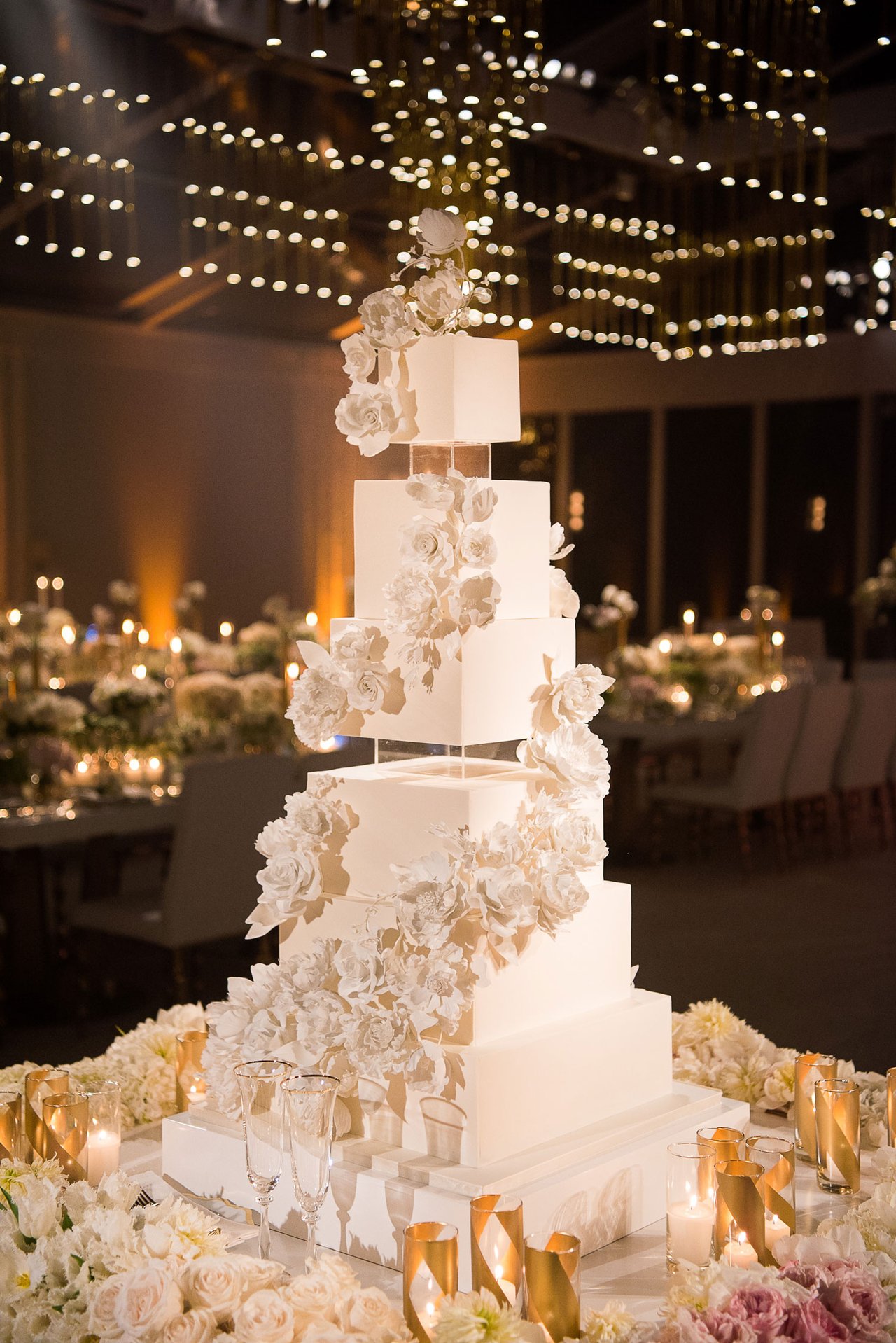 Modern White Square Cake with Flowers