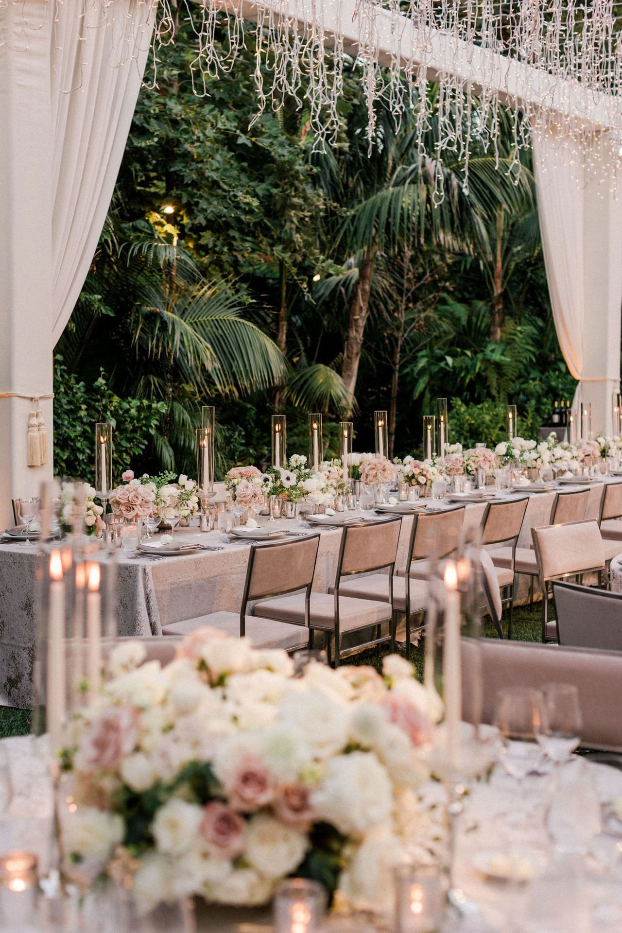 String Lights Over Long Wedding Tables