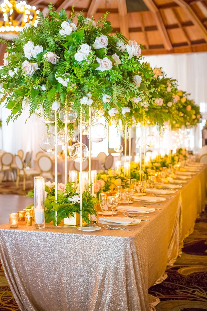 Long Table, Tall Foliage Arrangements, Shiny Linen