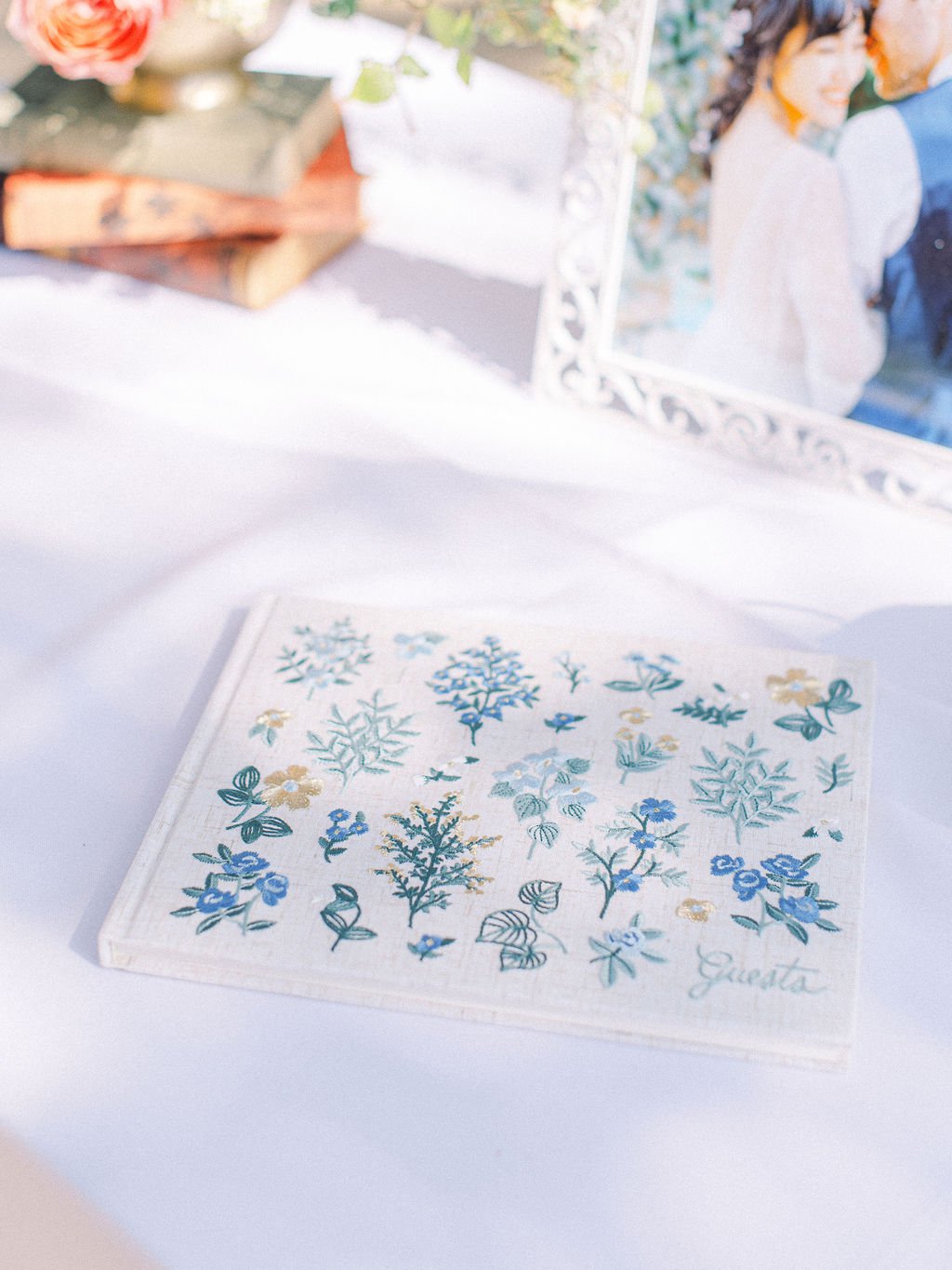 Blue Floral Embroidered Guest Book