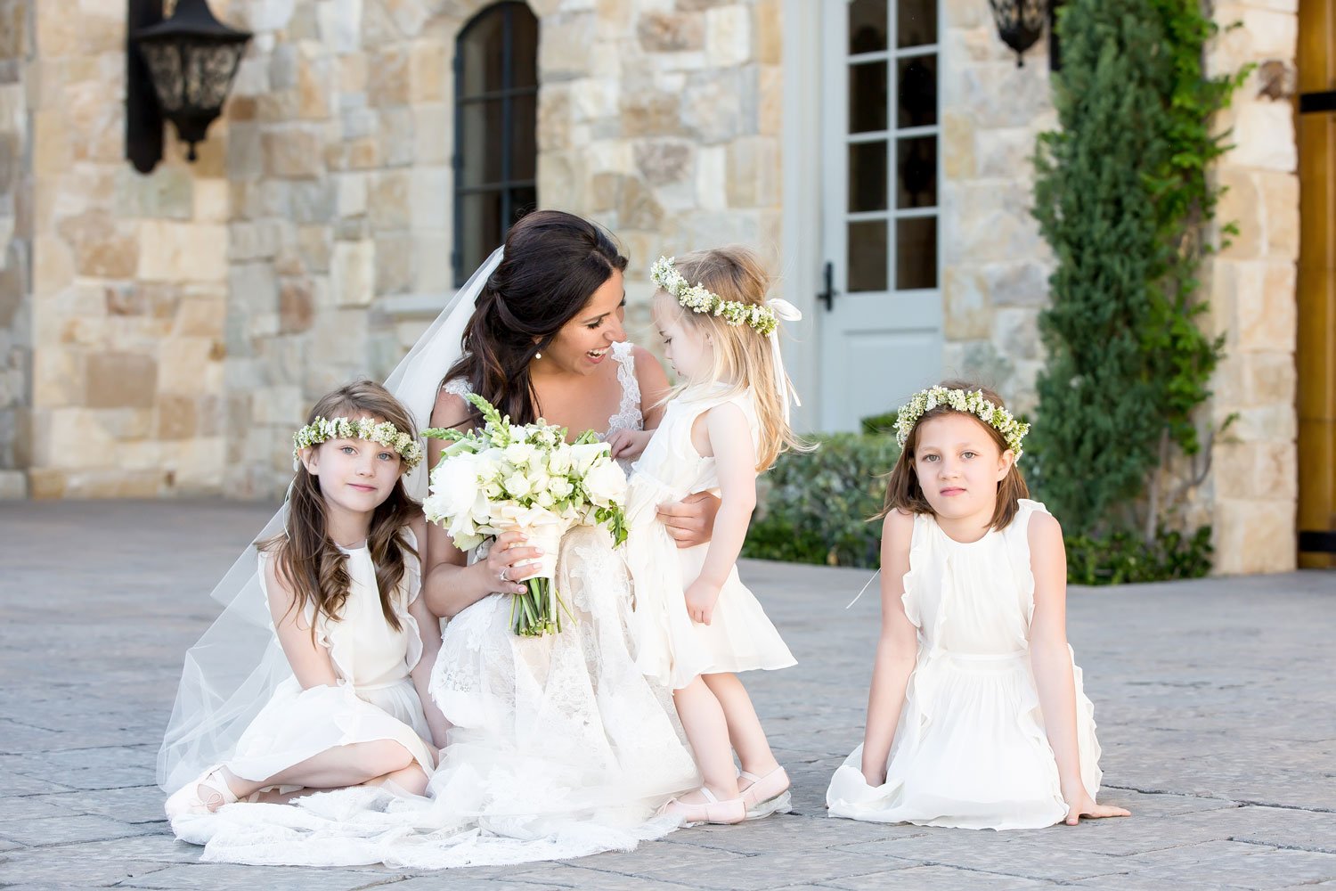 Bride with Flower Girls in White