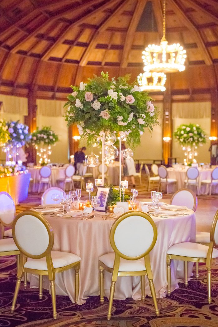 Round Tablescape, Tall Centerpiece, Gilt Chairs