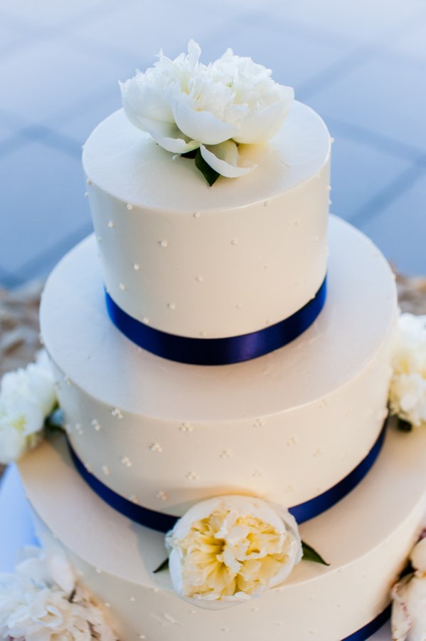 Round White Cake with Blue Ribbons