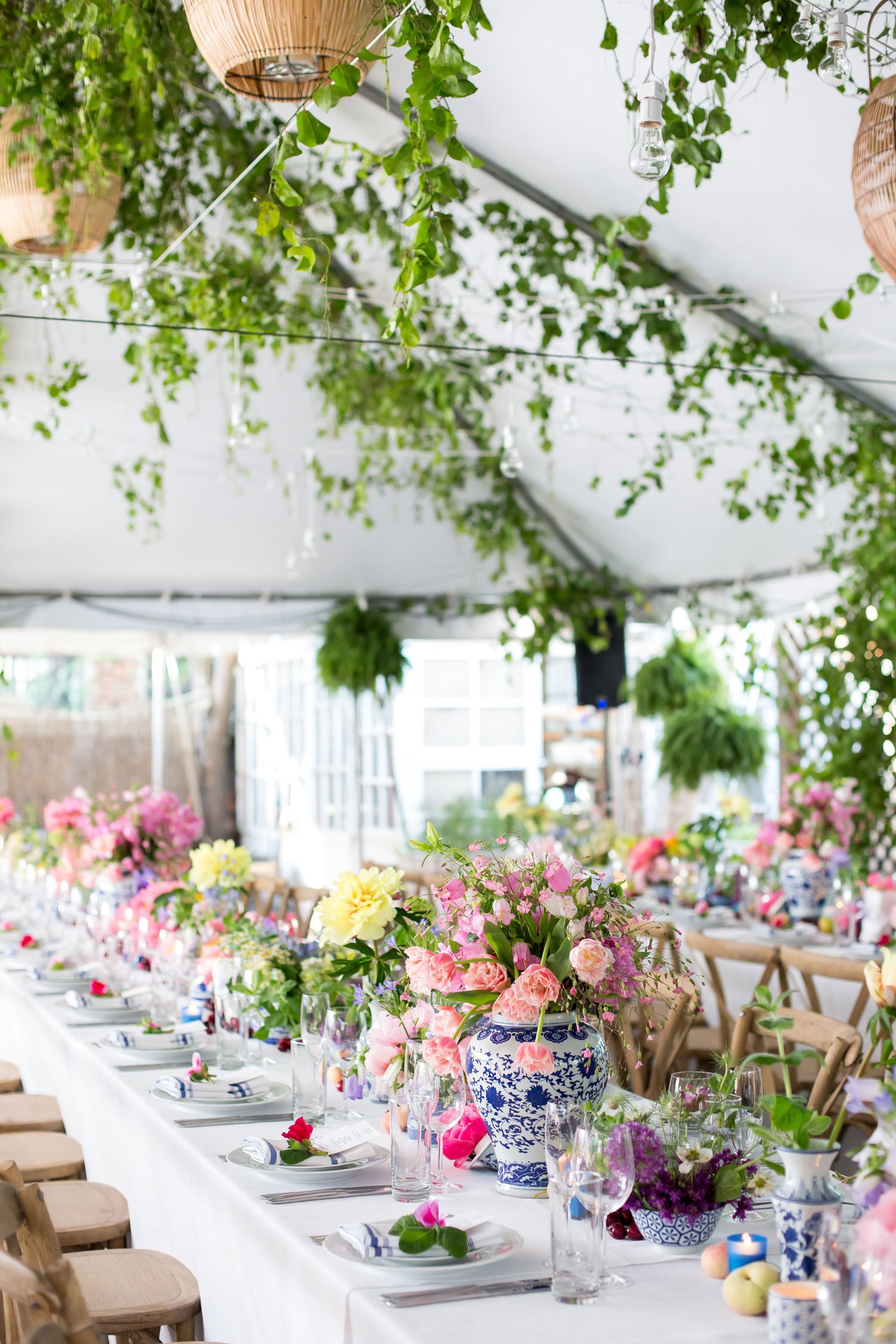 Colorful Flowers on Long Tables