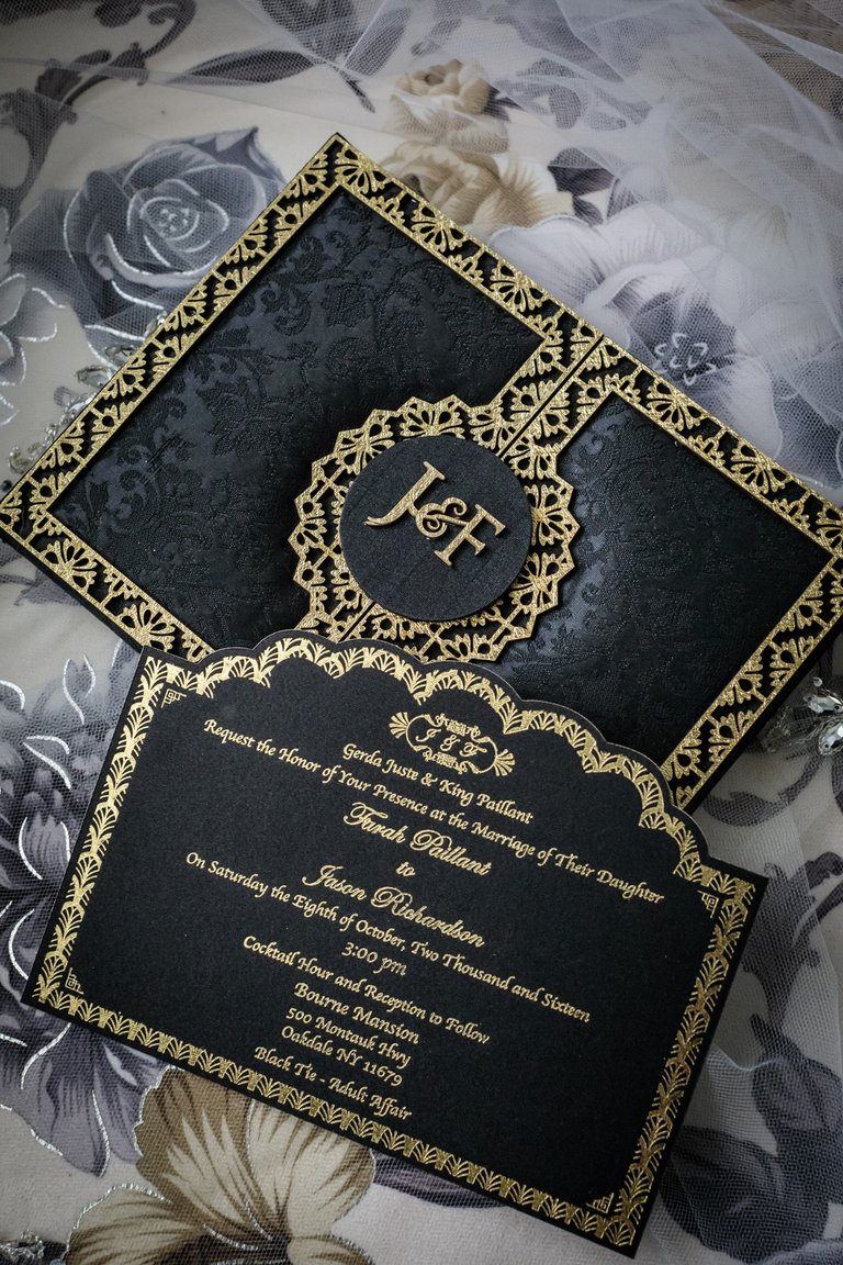 Intricate Black-and-Gold Invitation Suite