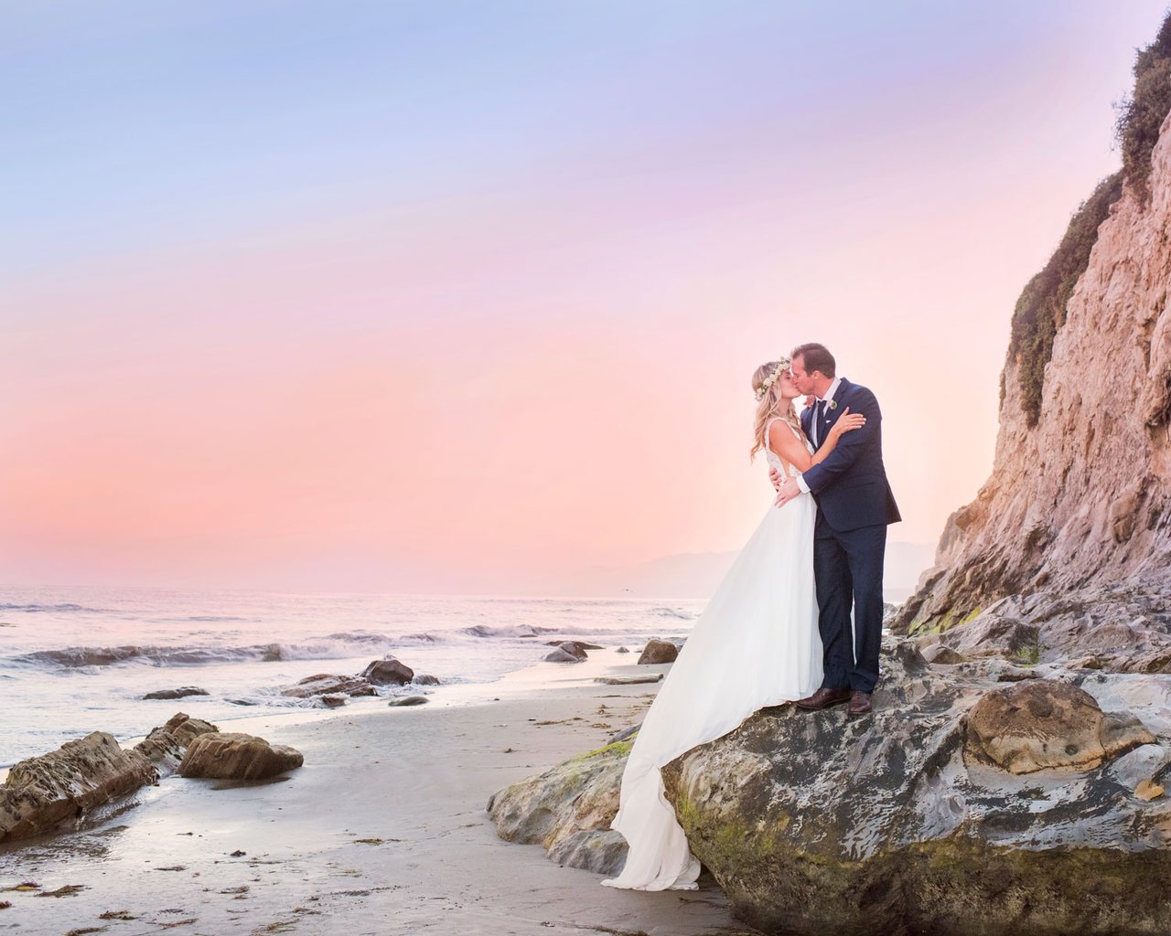 Bride & Groom on Beach at Sunset