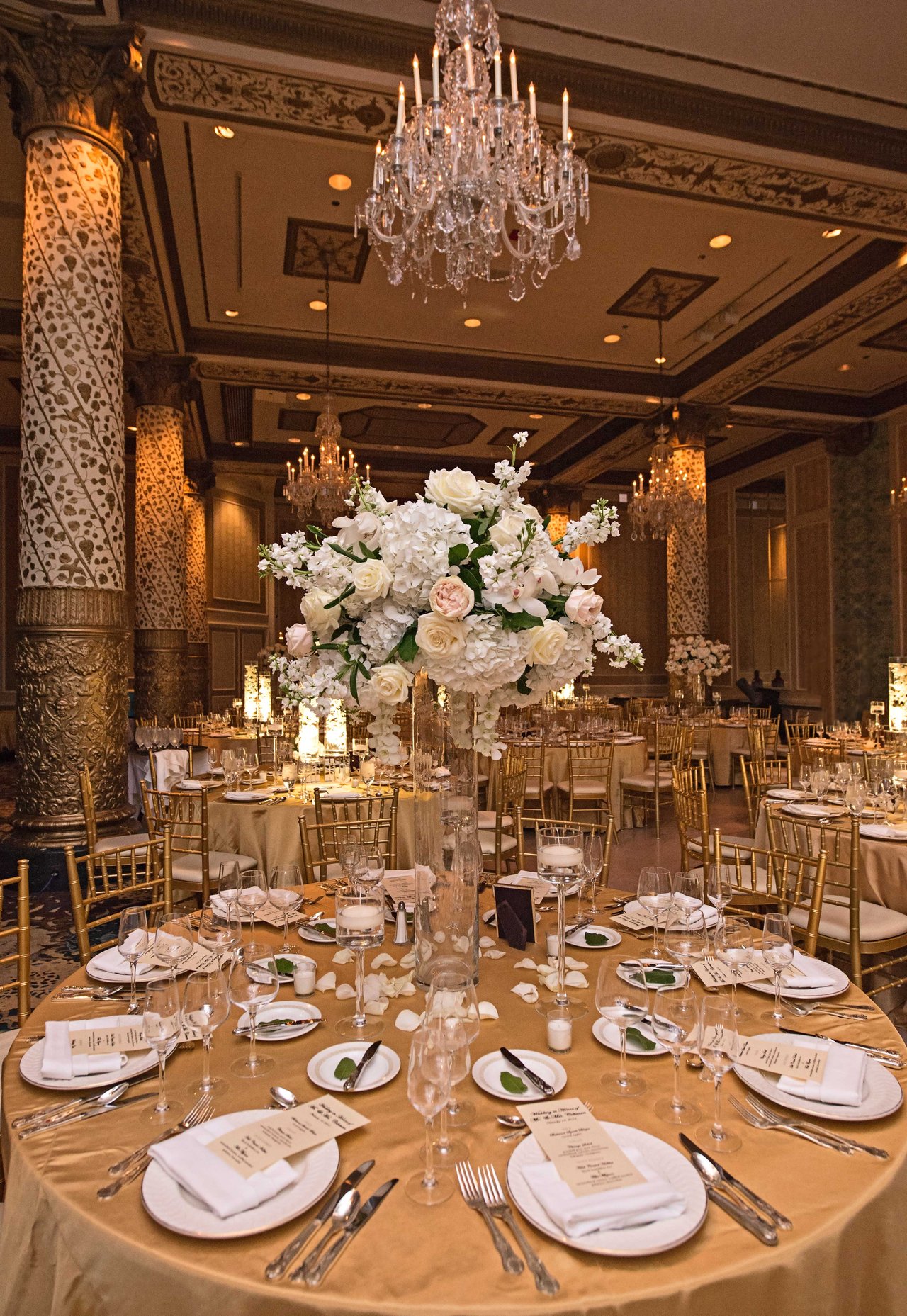 Gold Table Linens with Tall Floral Centerpieces