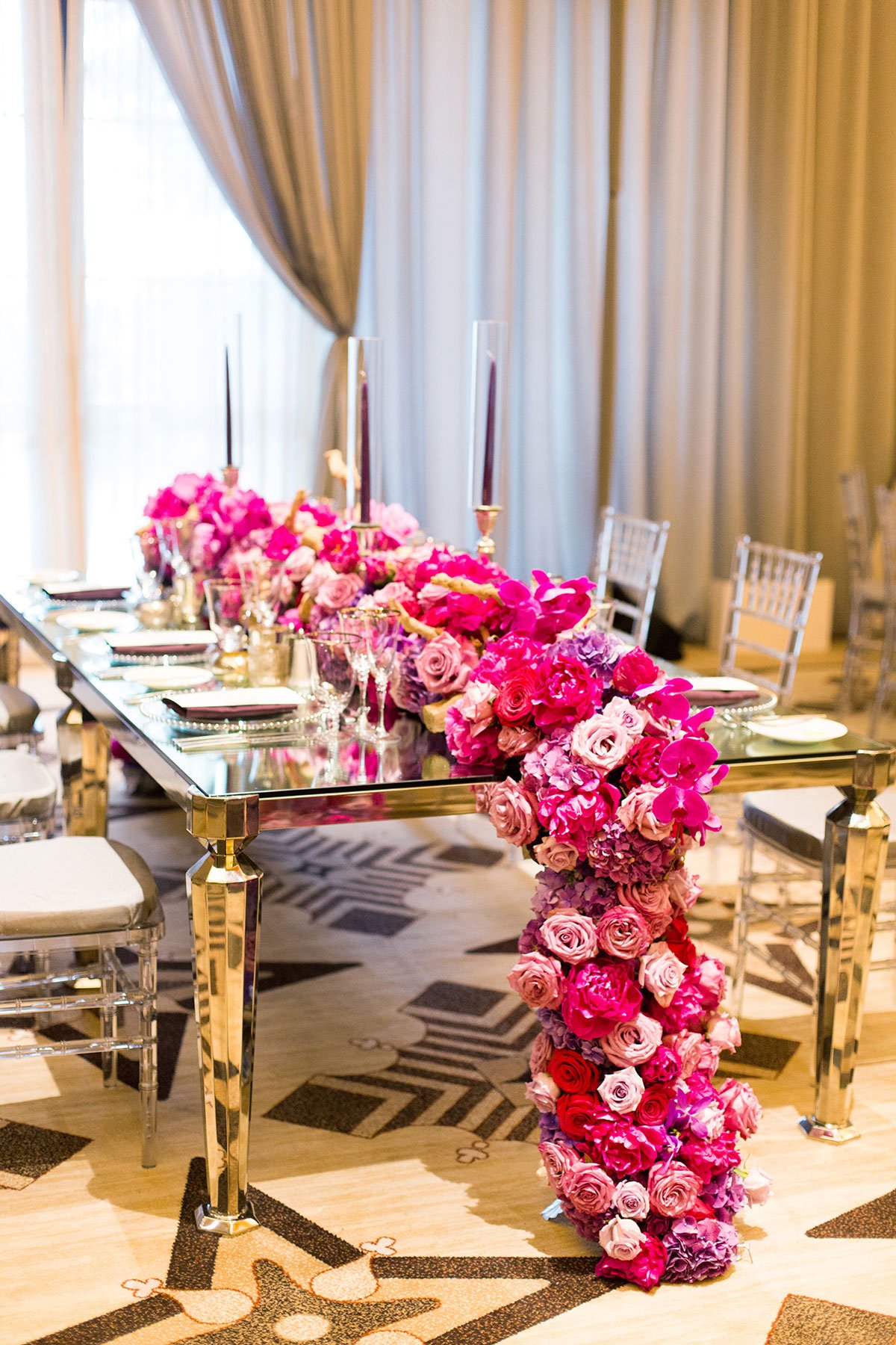 Gorgeous Cascading Pink and Purple Floral Table Runner