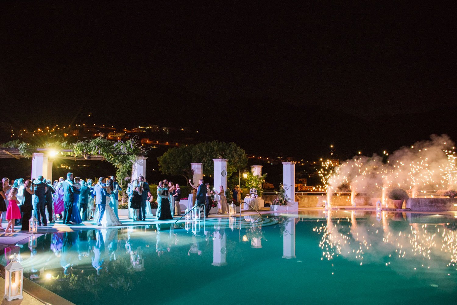 Poolside Wedding Reception with Fireworks