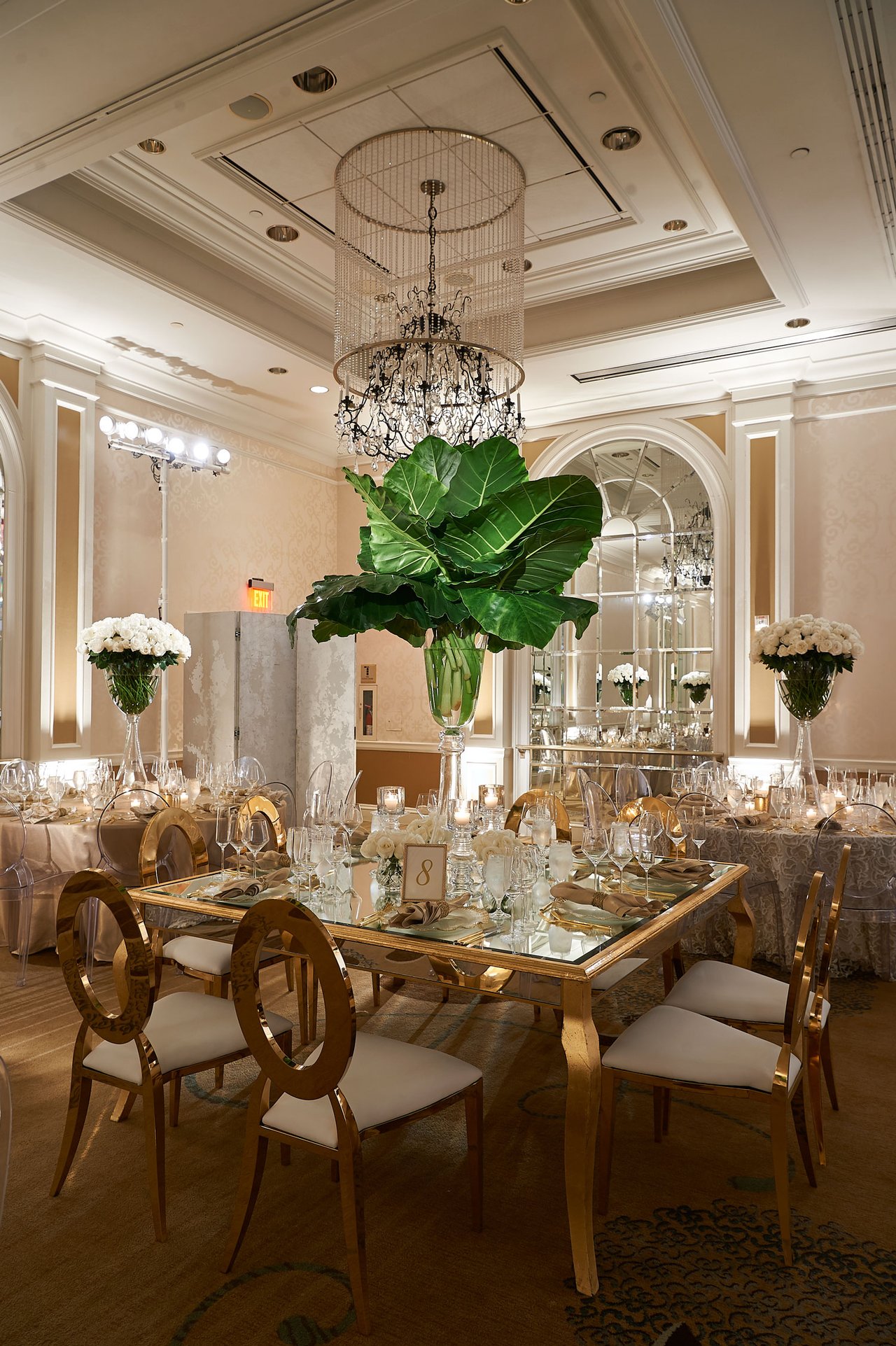Square Gold Table with Banana Leaves