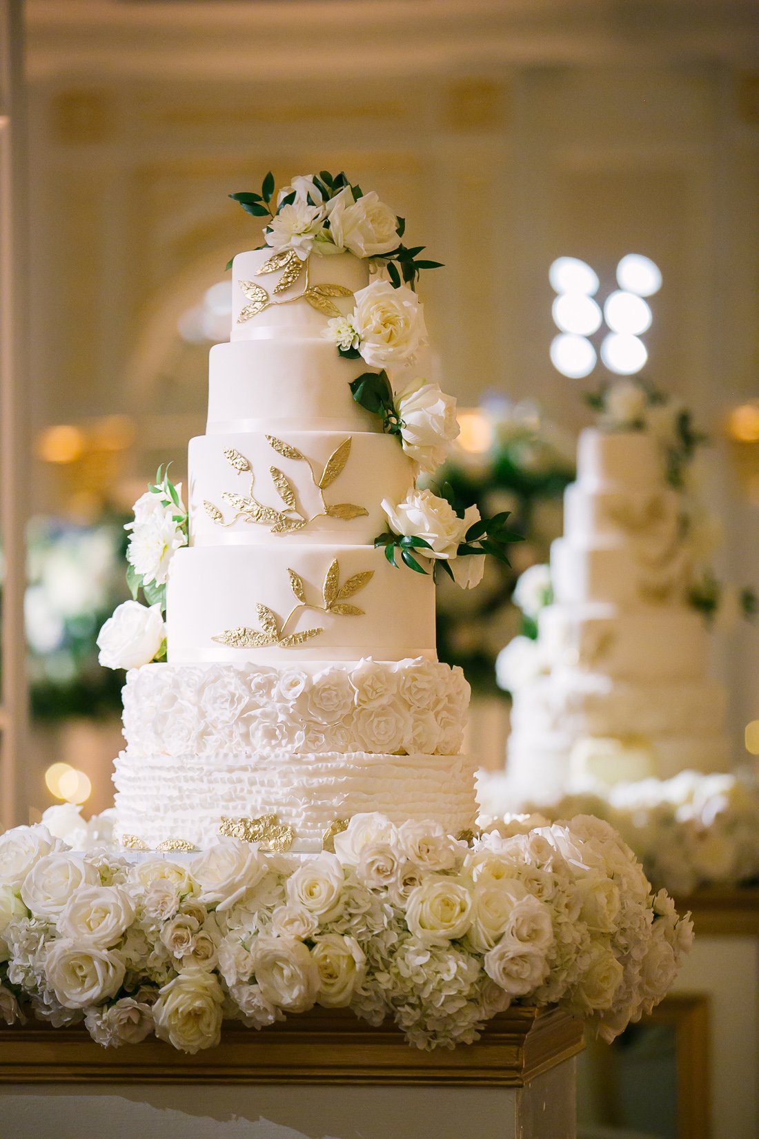 Tall Cake with Gold Leaves & Ruffles