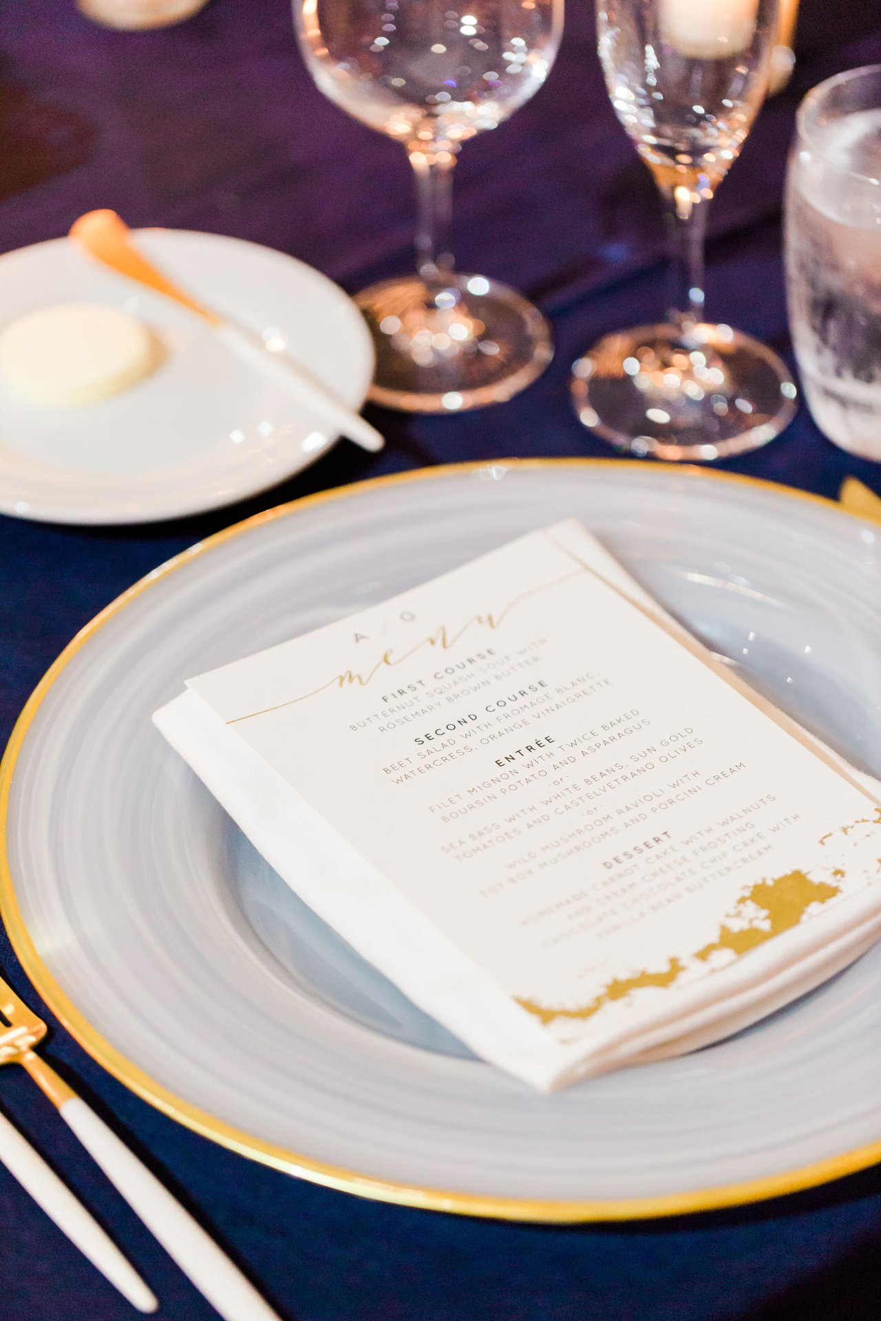 White & Gold Menu on Charger Plate