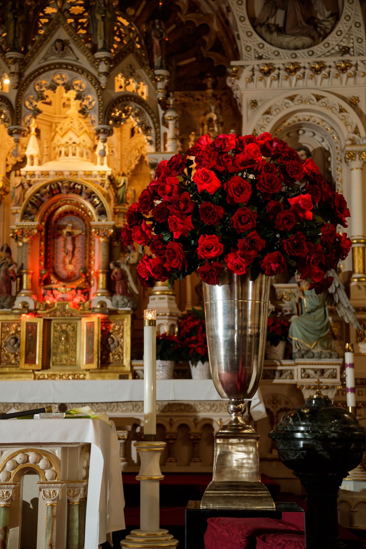 Red Rose Arrangement at Altar
