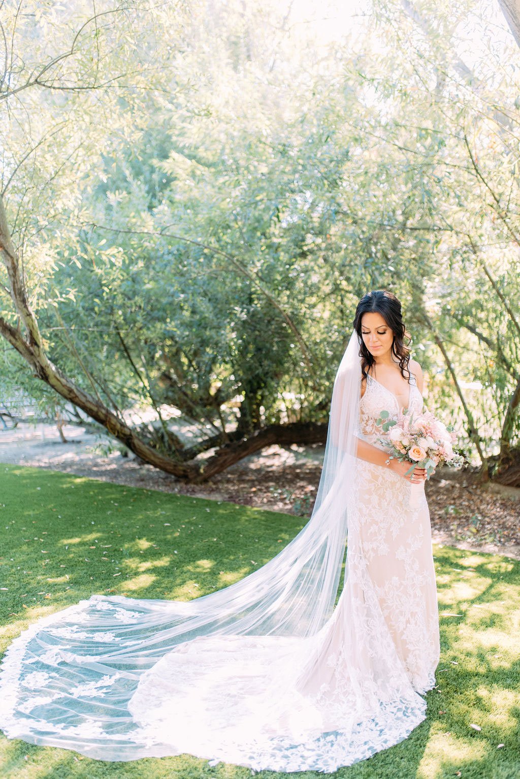 Bride with Beautiful Veil, Gown & Bouquet
