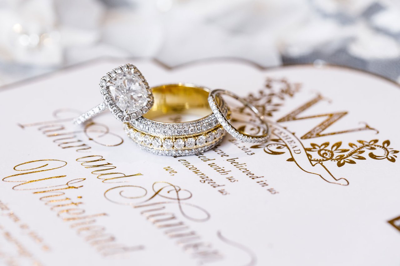 Sparkling Wedding Rings on White & Gold Invite