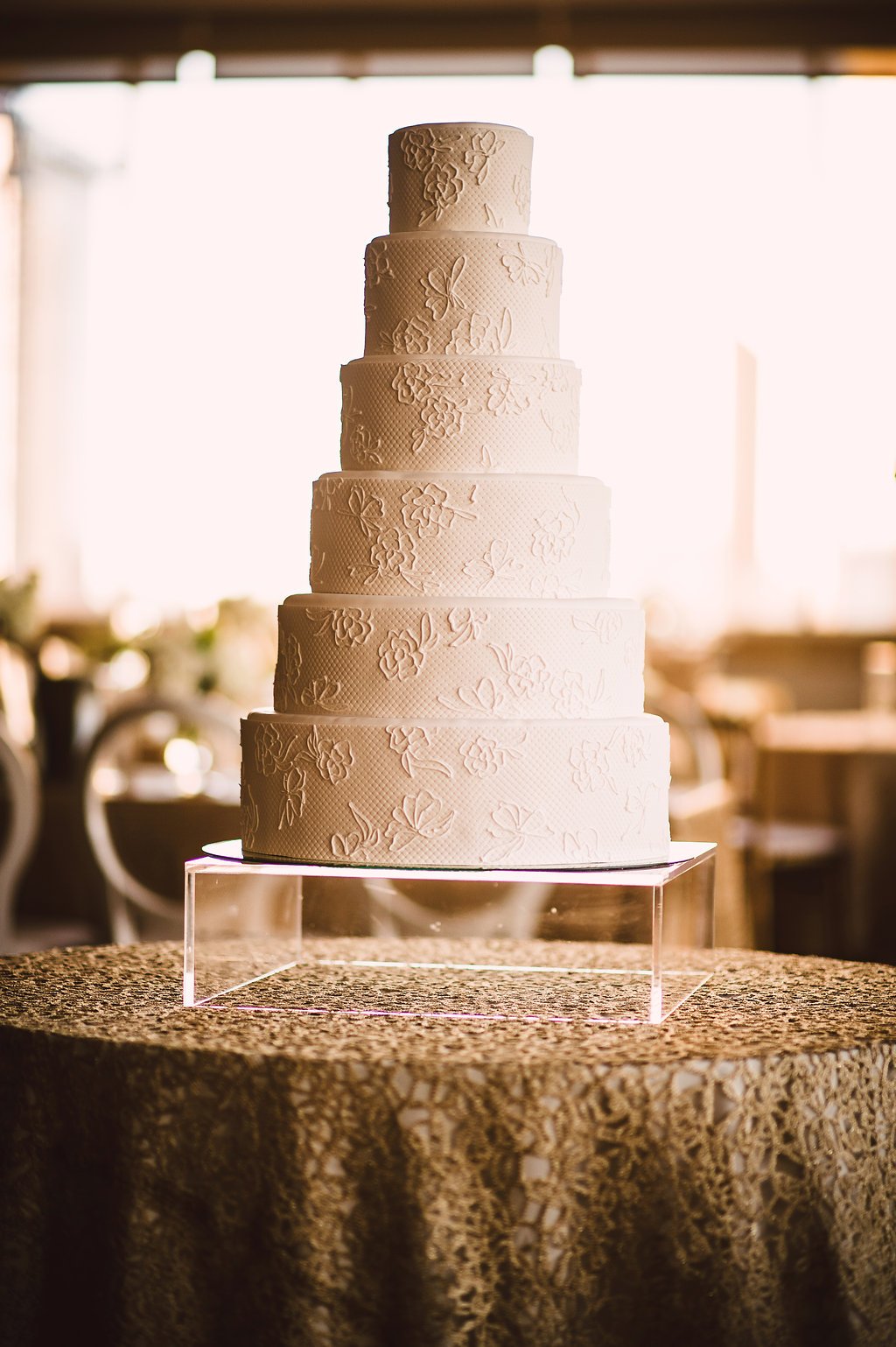 Six-Tiered Wedding Cake with Lace Design