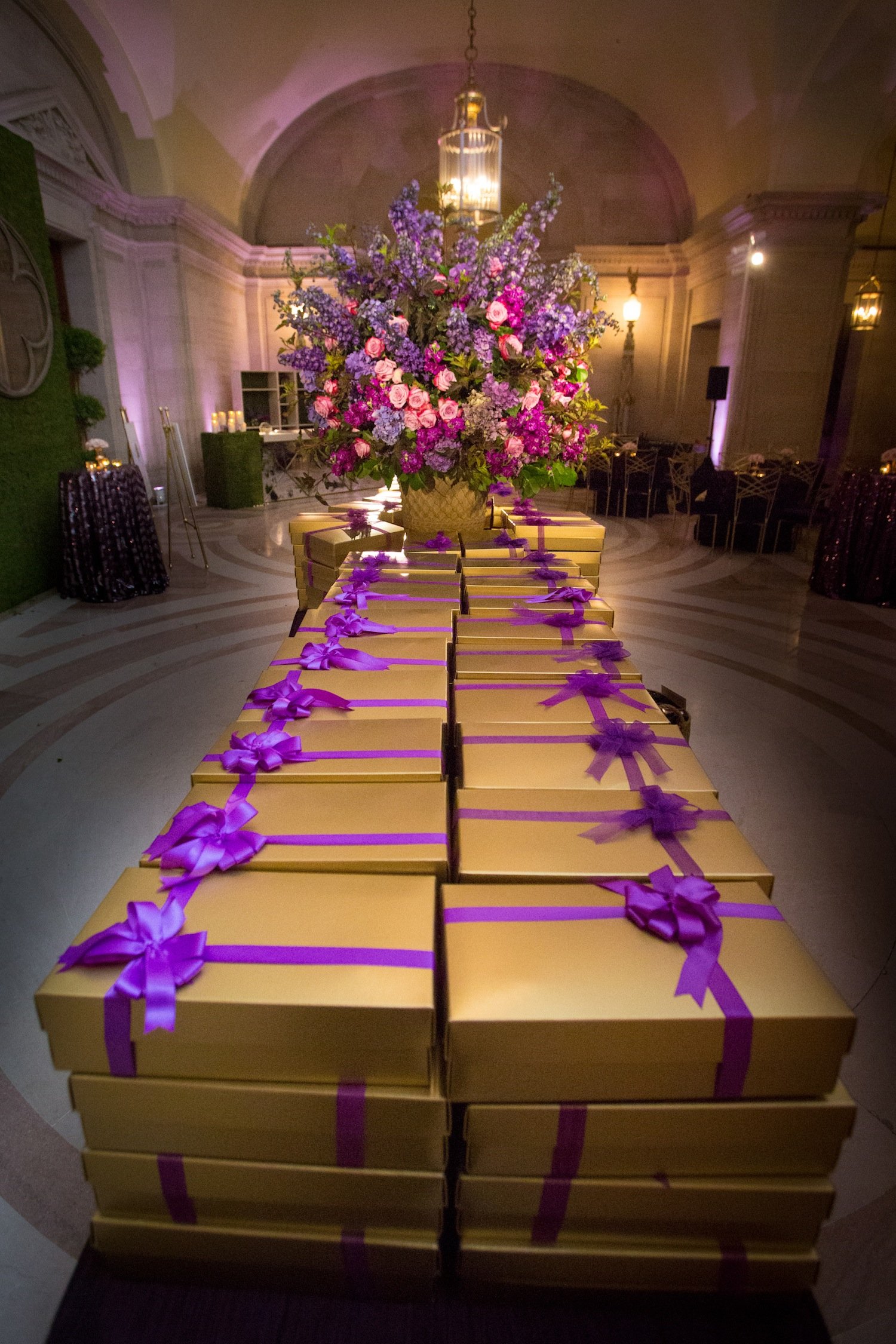 Gold Boxes with Purple Ribbons