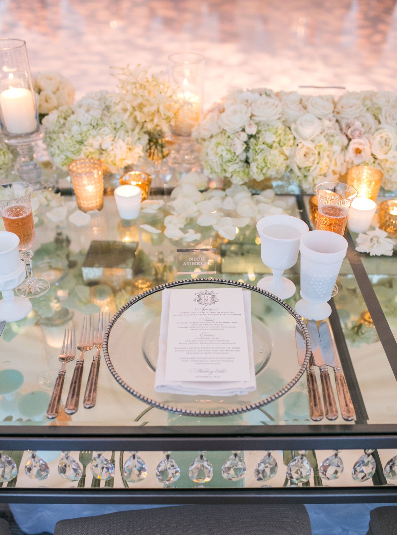Crystals Dangling from Glass Table