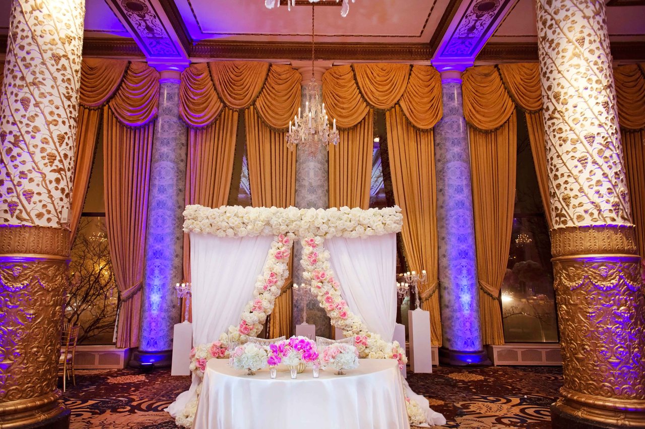 Sweetheart Table with Curtains & Flowers