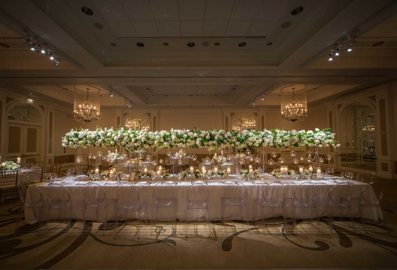 Long White Tablescape, Tall Connecting Arrangements