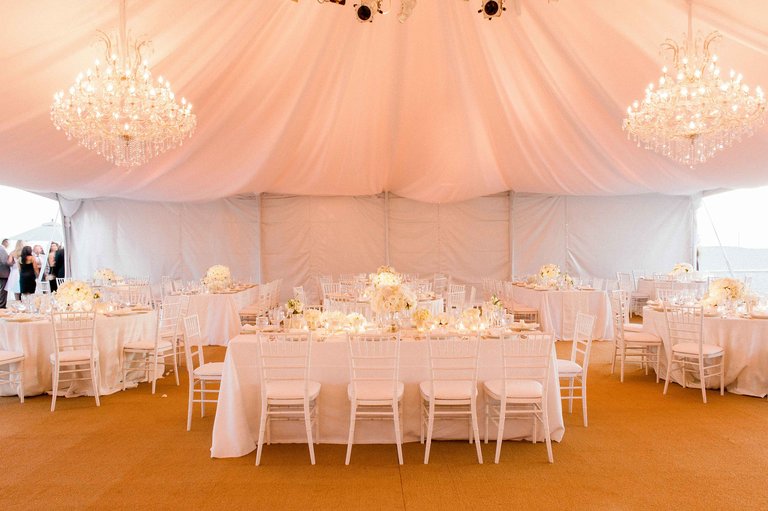 Chandeliers at Tented Beach Wedding Reception
