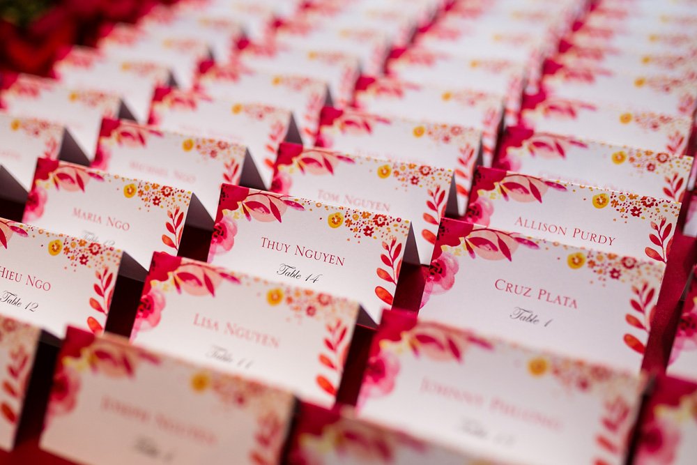 Place Cards with Red Floral Details