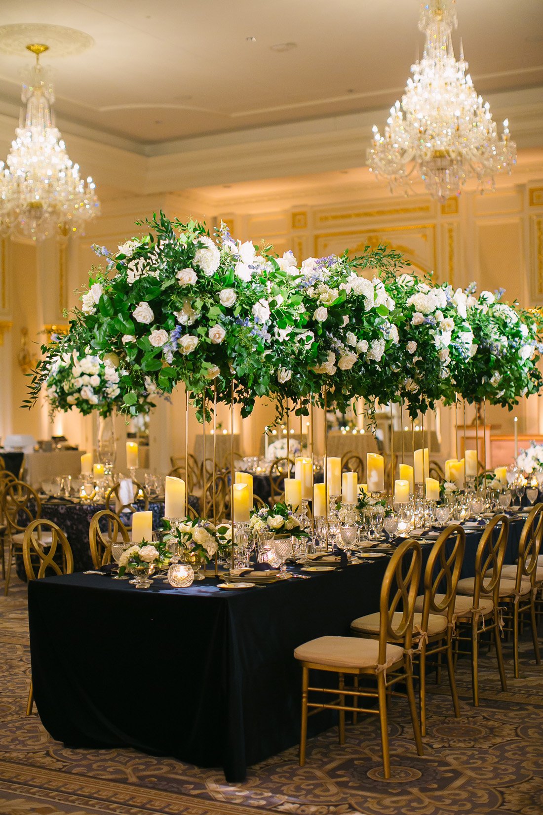 Long Table in Ballroom with Chandeliers